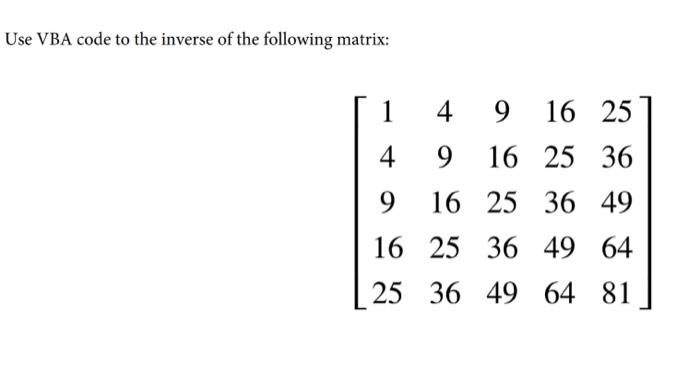Solved Use VBA code to the inverse of the following matrix: | Chegg.com