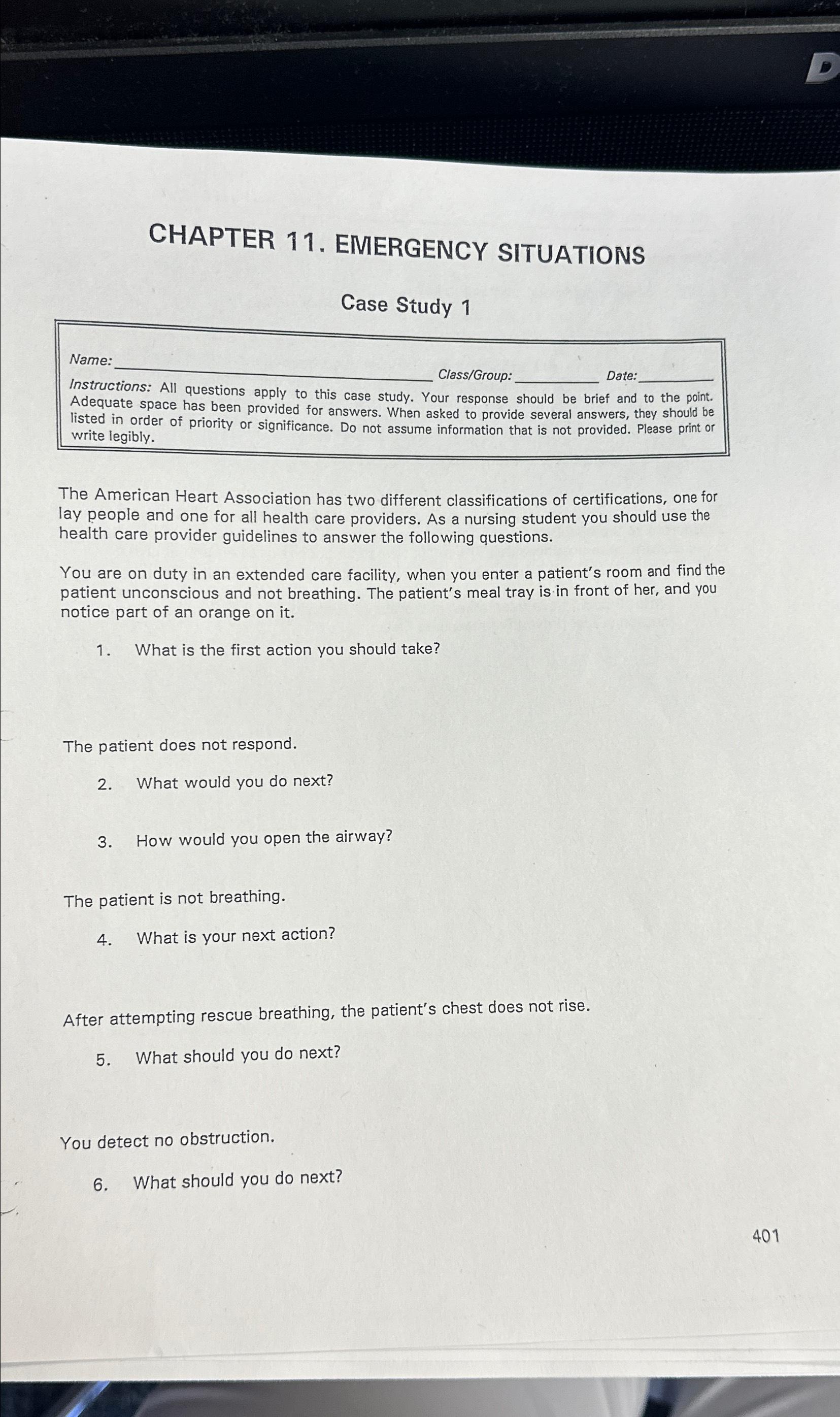 Solved CHAPTER 11. ﻿EMERGENCY SITUATIONSCase Study 1Name: | Chegg.com