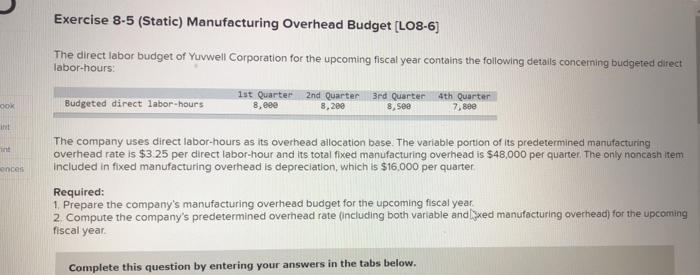 Solved Exercise 8-5 (Static) Manufacturing Overhead Budget | Chegg.com Solved Exercise 8-5 (Static) Manufacturing Overhead Budget | Chegg.com