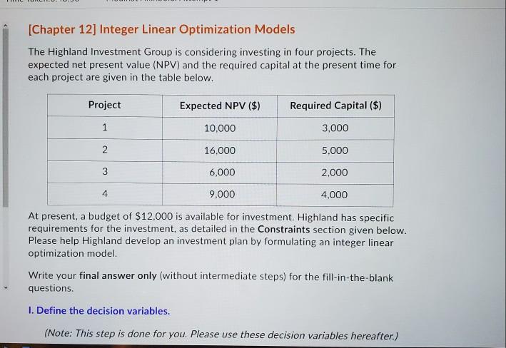 Solved [Chapter 12] Integer Linear Optimization Models The | Chegg.com