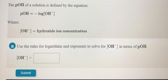 Solved The pOH of a solution is defined by the equation: pOH | Chegg.com