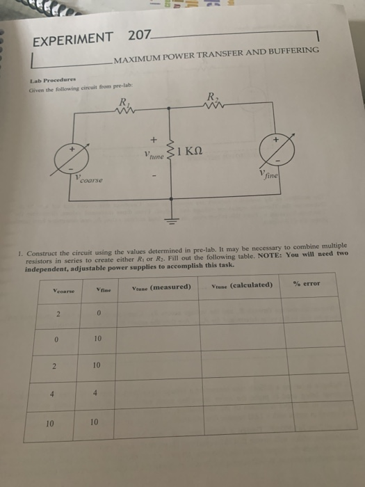 EXPERIMENT 207 _MAXIMUM POWER TRANSFER AND BUFFERING | Chegg.com