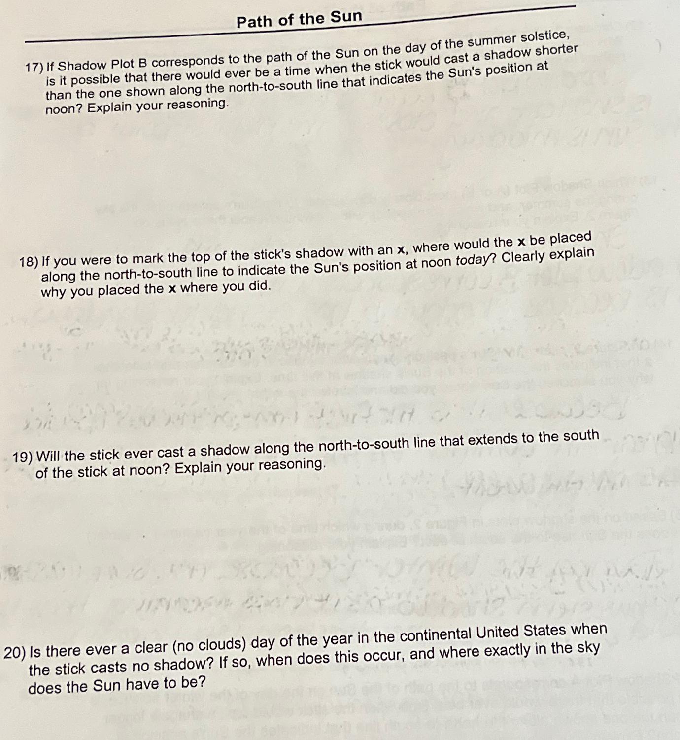 Solved Path of the SunIf Shadow Plot B ﻿corresponds to the | Chegg.com