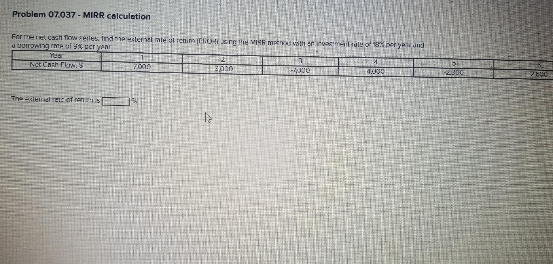 Solved Problem 07.037 - MIRR calculation For the net cash | Chegg.com