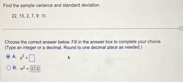 Solved Find the sample variance and standard deviation. | Chegg.com