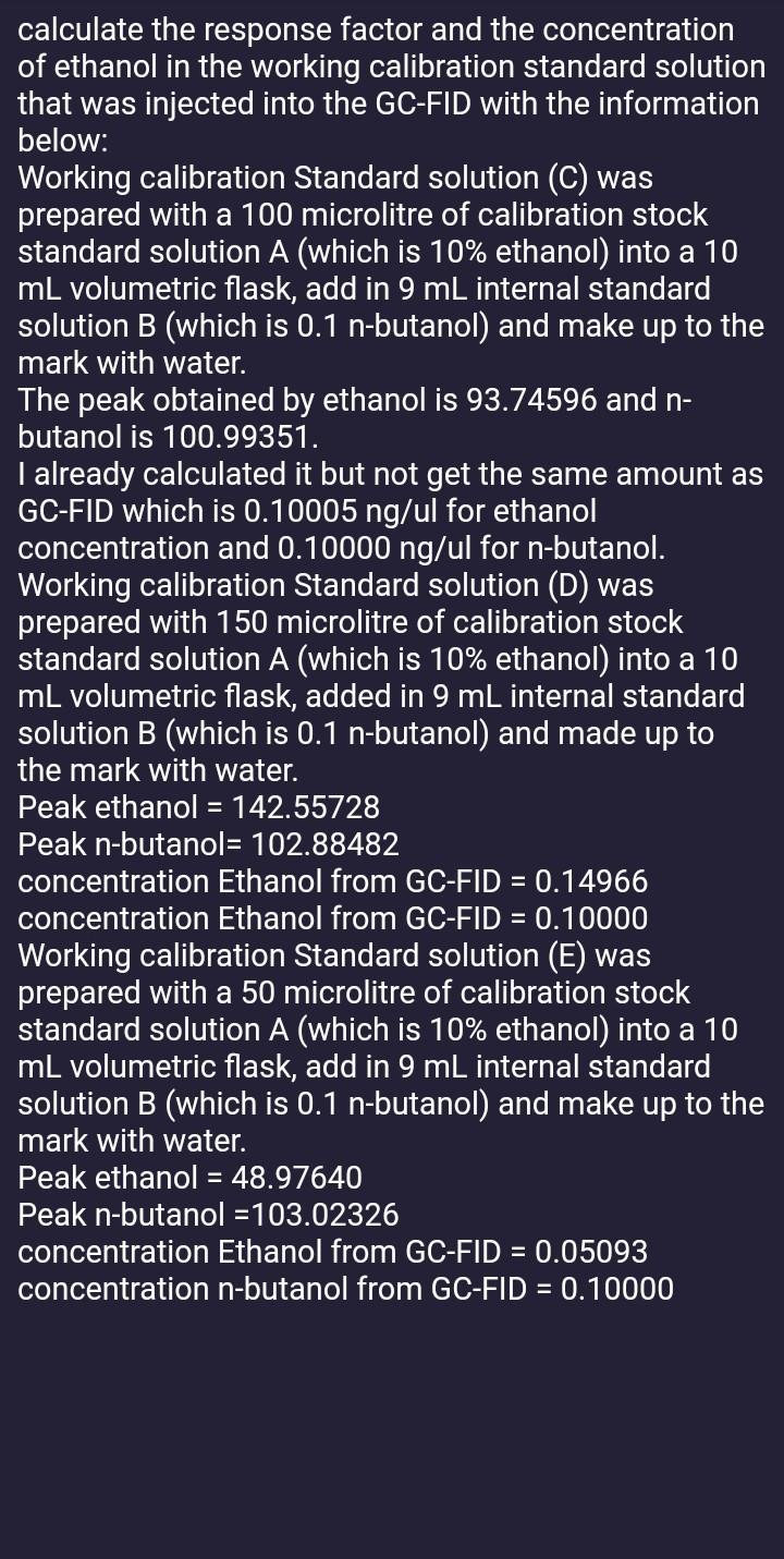 Solved calculate the response factor and the concentration | Chegg.com
