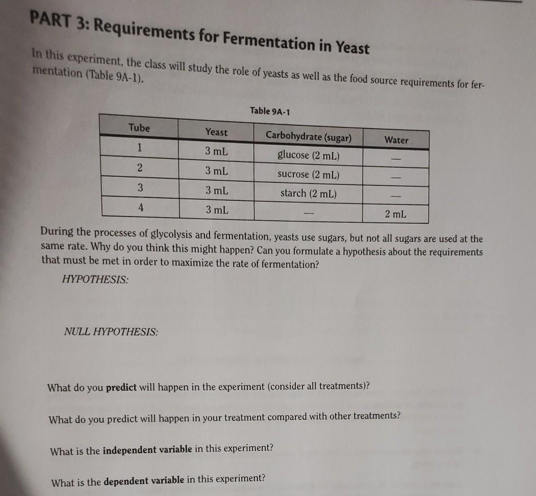 Solved PART 3: Requirements for Fermentation in Yeast In | Chegg.com