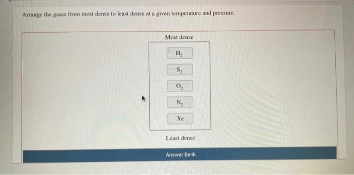 Solved Arrange the gases from most dense to least dense at a | Chegg.com