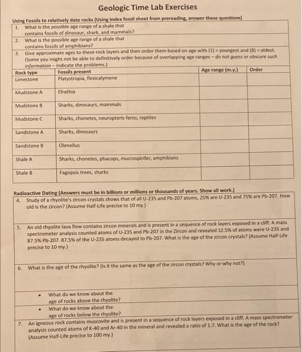Geologic Time Lab Exercises Using Fossils to | Chegg.com