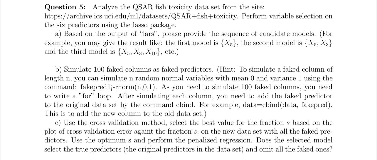 Question 5: Analyze the QSAR fish toxicity data set | Chegg.com