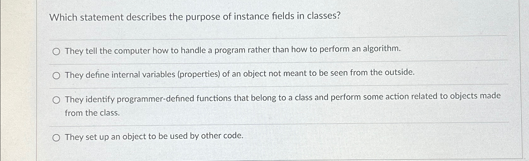 Solved Which statement describes the purpose of instance | Chegg.com
