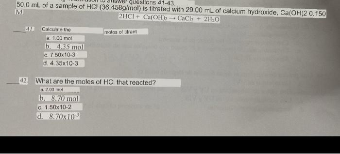 Solved 50.0 mL of a sample of HCl(36.458 g/mol) is titrated | Chegg.com