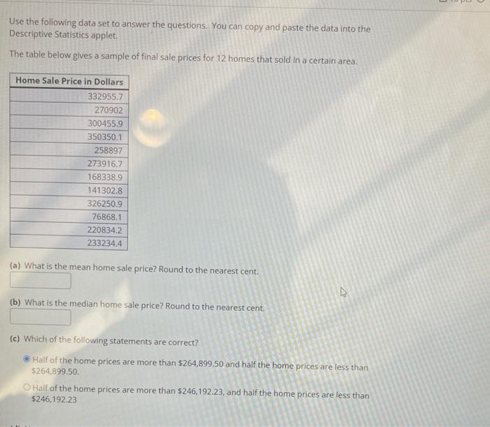 Solved Use the following data set to answer the questions. | Chegg.com