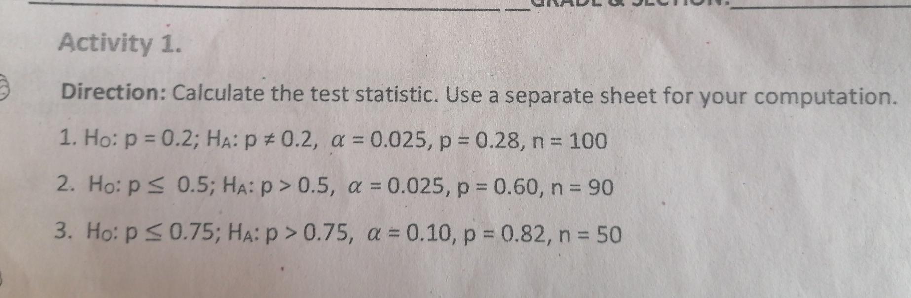 Solved Activity 1. Direction: Calculate the test statistic. | Chegg.com