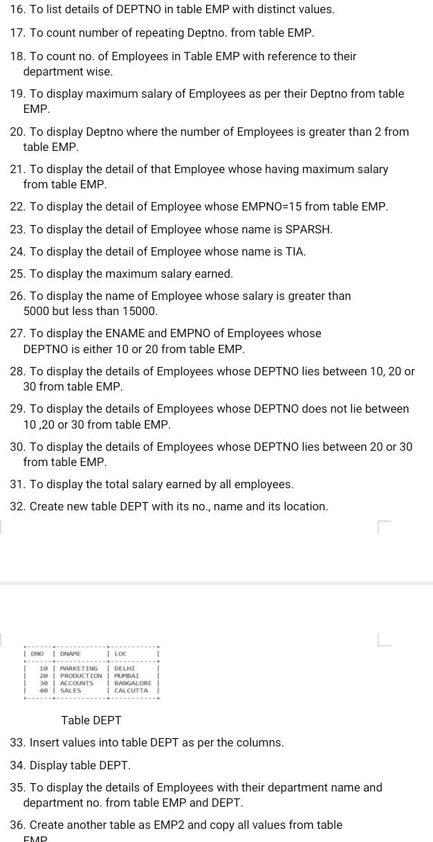 Solved SOL QUERIES ASSIGNMENT 1. To create table EMP. . 2. | Chegg.com
