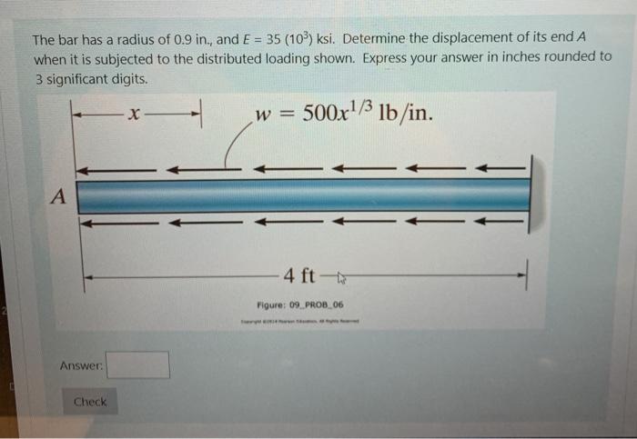 Solved The bar has a radius of 0.9 in., and E = 35 (103) | Chegg.com