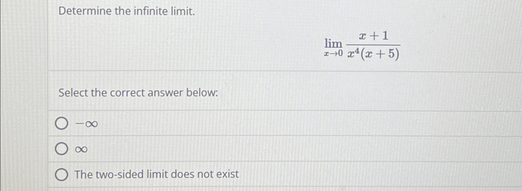 Solved Determine the infinite limit.limx→0x+1x4(x+5)Select | Chegg.com