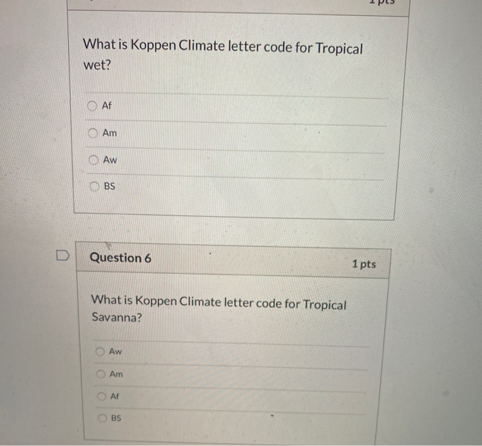 Solved What is Koppen Climate letter code for Tropical wet? | Chegg.com