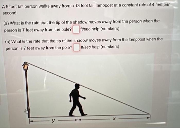 Solved A 5 foot tall person walks away from a 13 foot tall | Chegg.com