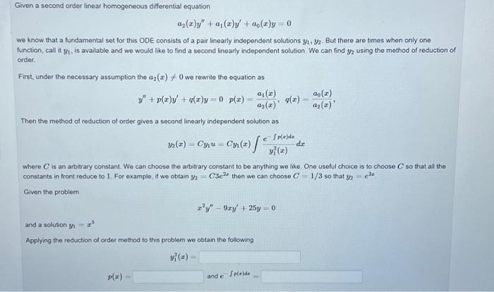 Solved Given A Second Order Linear Homogeneous Differential