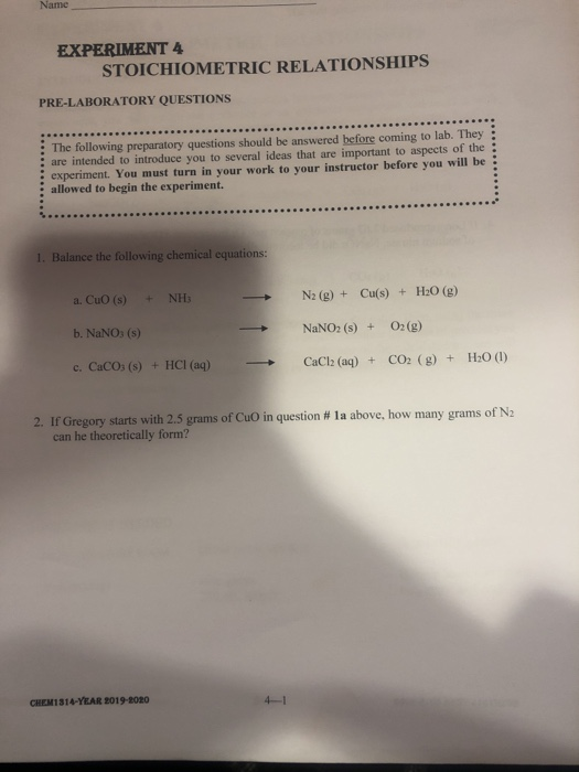 Solved EXPERIMENT 4 STOICHIOMETRIC RELATIONSHIPS | Chegg.com