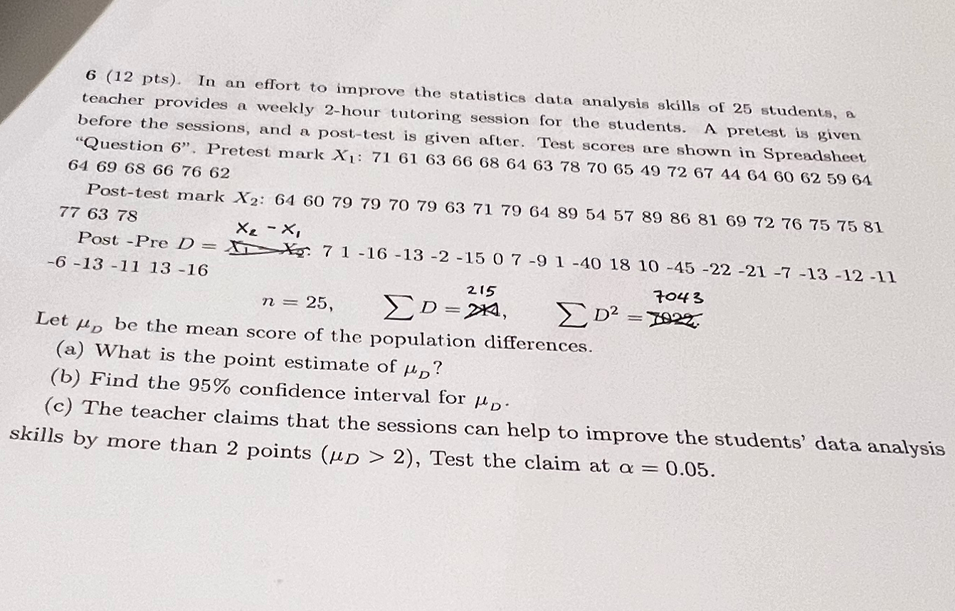 Solved 6 ( 12 ﻿pts). ﻿In an effort to improve the statistics | Chegg.com