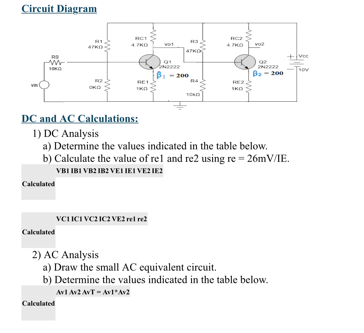 Solved Circuit DiagramIC and AC Calculations:DC Analysisa) | Chegg.com