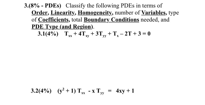 Solved 3.18% - PDEs) Classify the following PDEs in terms of | Chegg.com