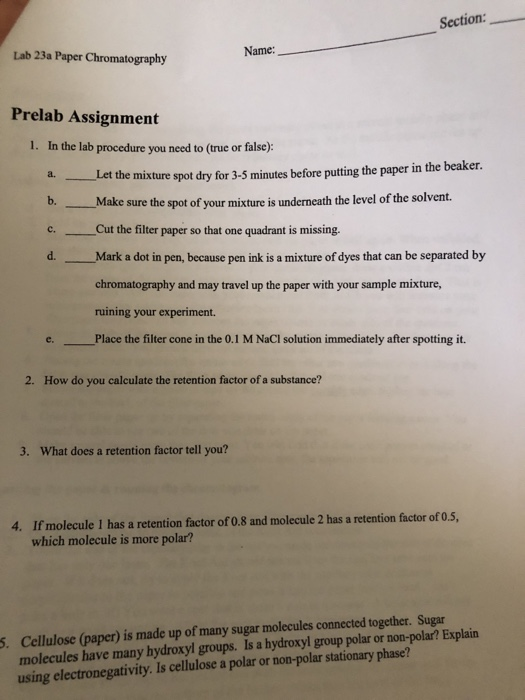 Solved Section: Lab 23a Paper Chromatography Name: Prelab | Chegg.com