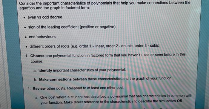 Consider the important characteristics of polynomials | Chegg.com