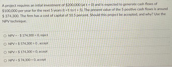 Solved A project requires an intial investment of | Chegg.com