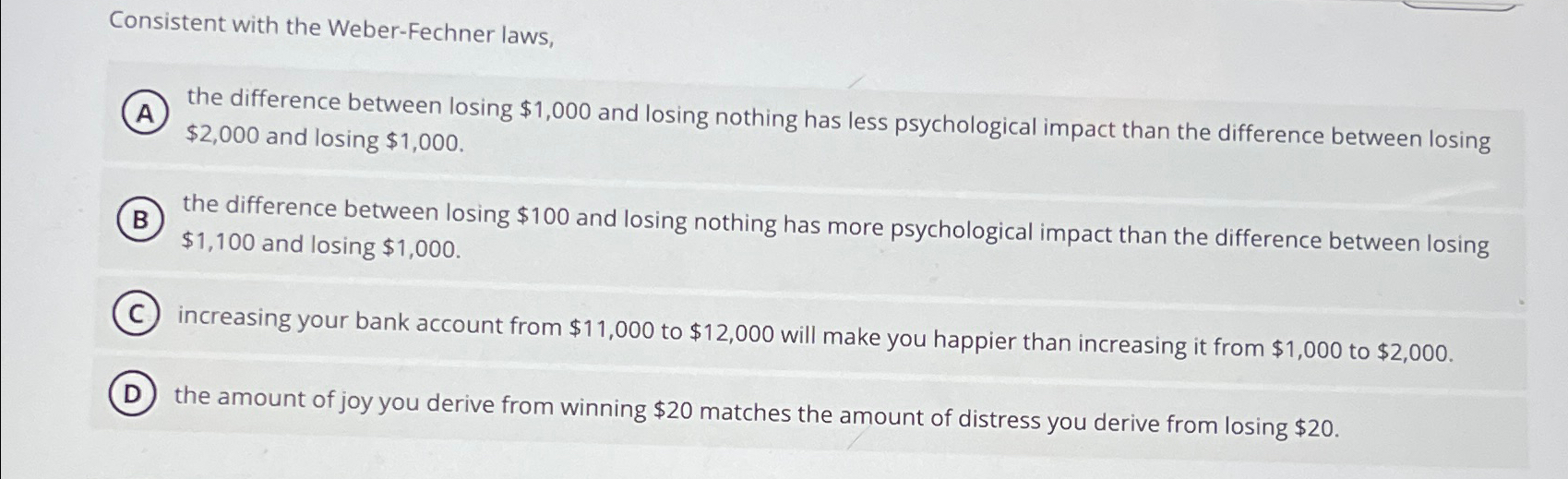 Solved Consistent with the Weber-Fechner laws,the difference | Chegg.com
