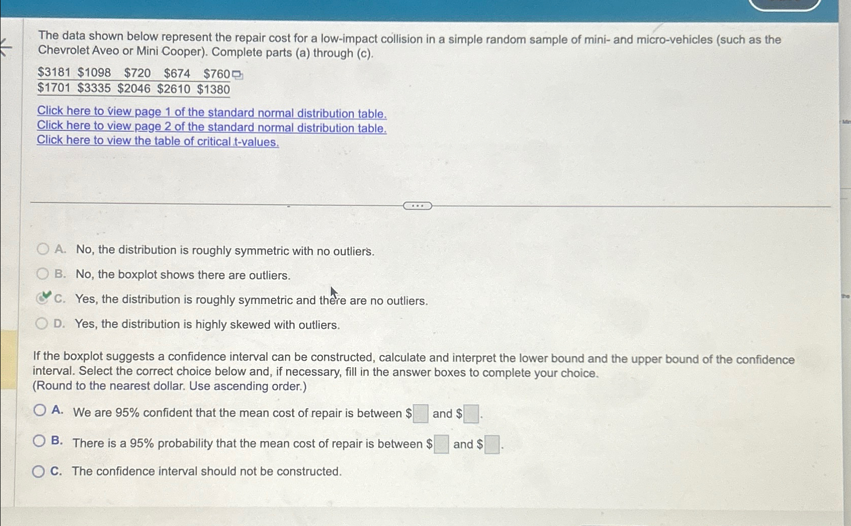 Solved The data shown below represent the repair cost for a | Chegg.com
