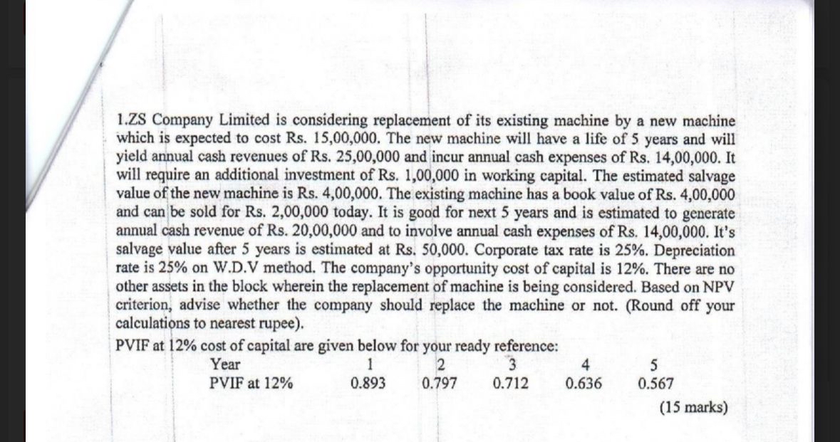 Solved 1.ZS Company Limited is considering replacement of | Chegg.com
