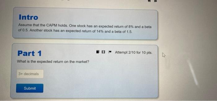 Solved Intro Assume that the CAPM holds. One stock has an | Chegg.com