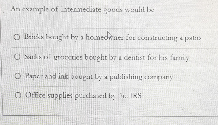 Solved An example of intermediate goods would beBricks | Chegg.com