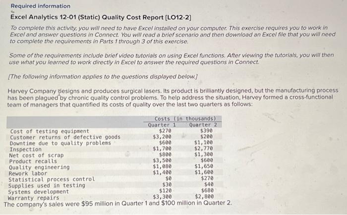Required information Excel Analytics 12-01 (Static) | Chegg.com