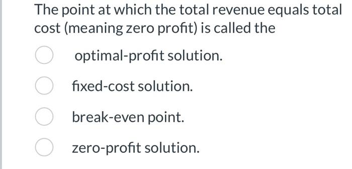 Solved The point at which the total revenue equals total | Chegg.com