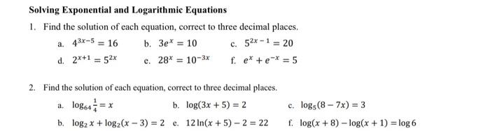 Solved Solving Exponential and Logarithmic Equations 1. Find | Chegg.com