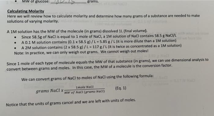 Solved grams. MW of glucose: A Calculating Molarity Here we | Chegg.com