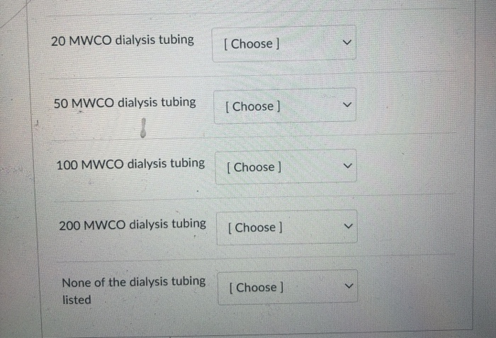 Solved 20 MWCO dialysis tubing [Choose ] > 50 MWCO dialysis | Chegg.com