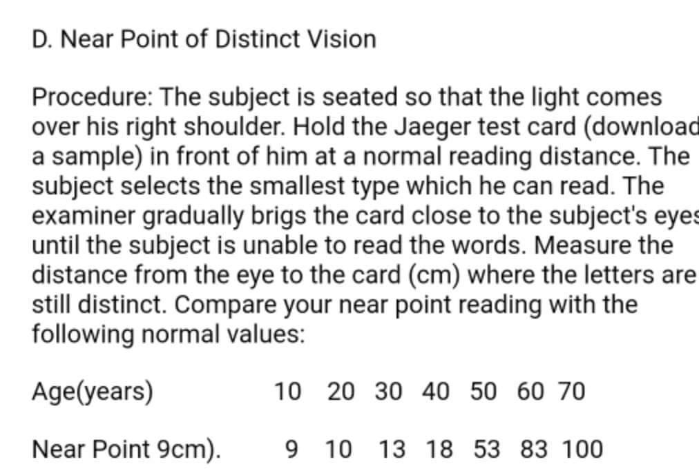 Solved D. Near Point of Distinct Vision Procedure: The | Chegg.com