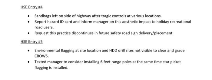 Solved HSE Entry \#4 - Sandbags left on side of highway | Chegg.com