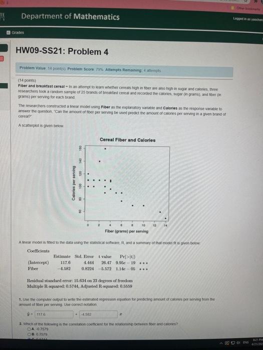 Solved Department of Mathematics Los y Grades HW09-SS21: | Chegg.com