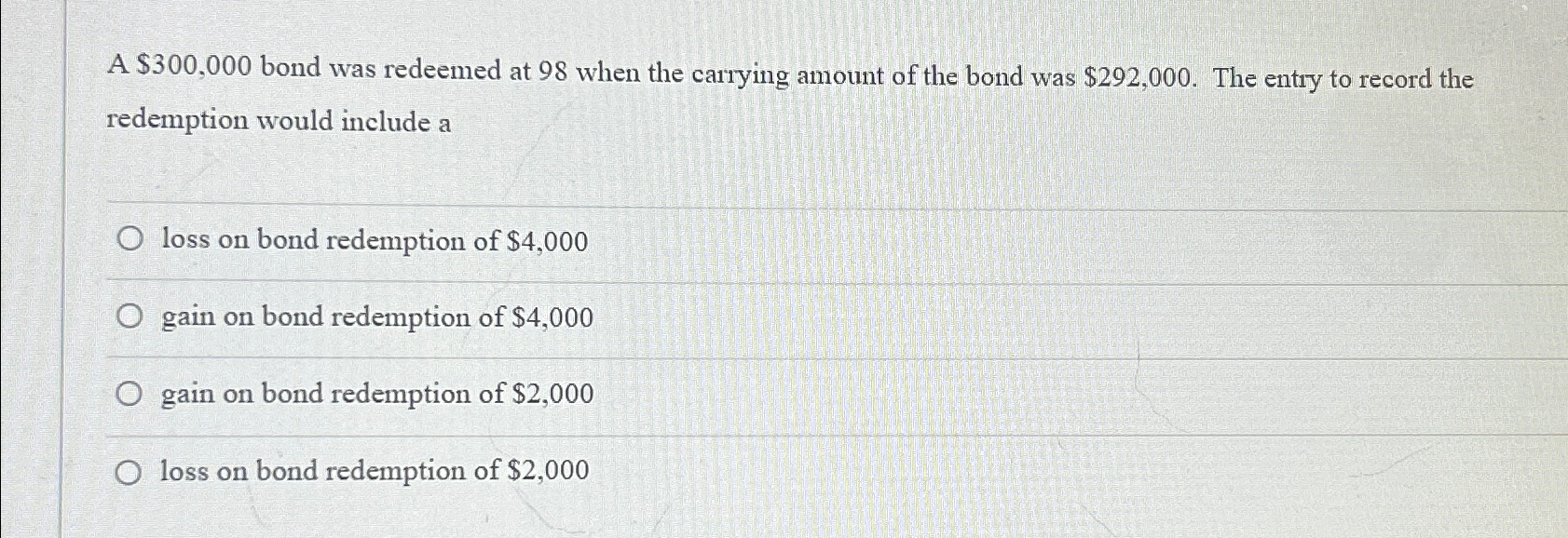 Solved A $300,000 bond was redeemed at 98 when the carrying | Chegg.com
