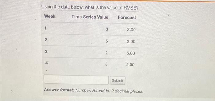 Solved Using the data below, what is the value of RMSE? | Chegg.com