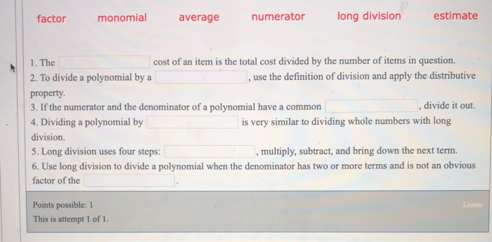 Solved factor monomial average numerator long division | Chegg.com