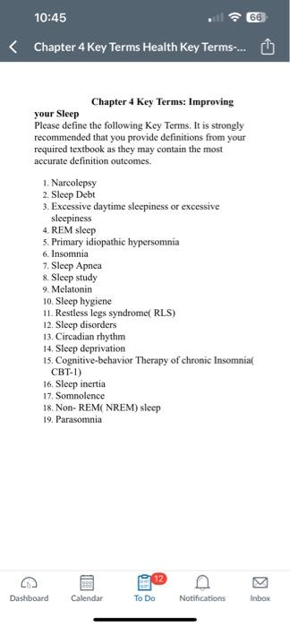 Solved Chapter 4 Key Terms: Improving your Sleep Please | Chegg.com
