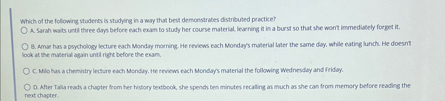 Solved Which of the following students is studying in a way | Chegg.com