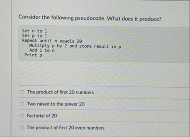 Solved Consider the following pseudocode. What does it | Chegg.com